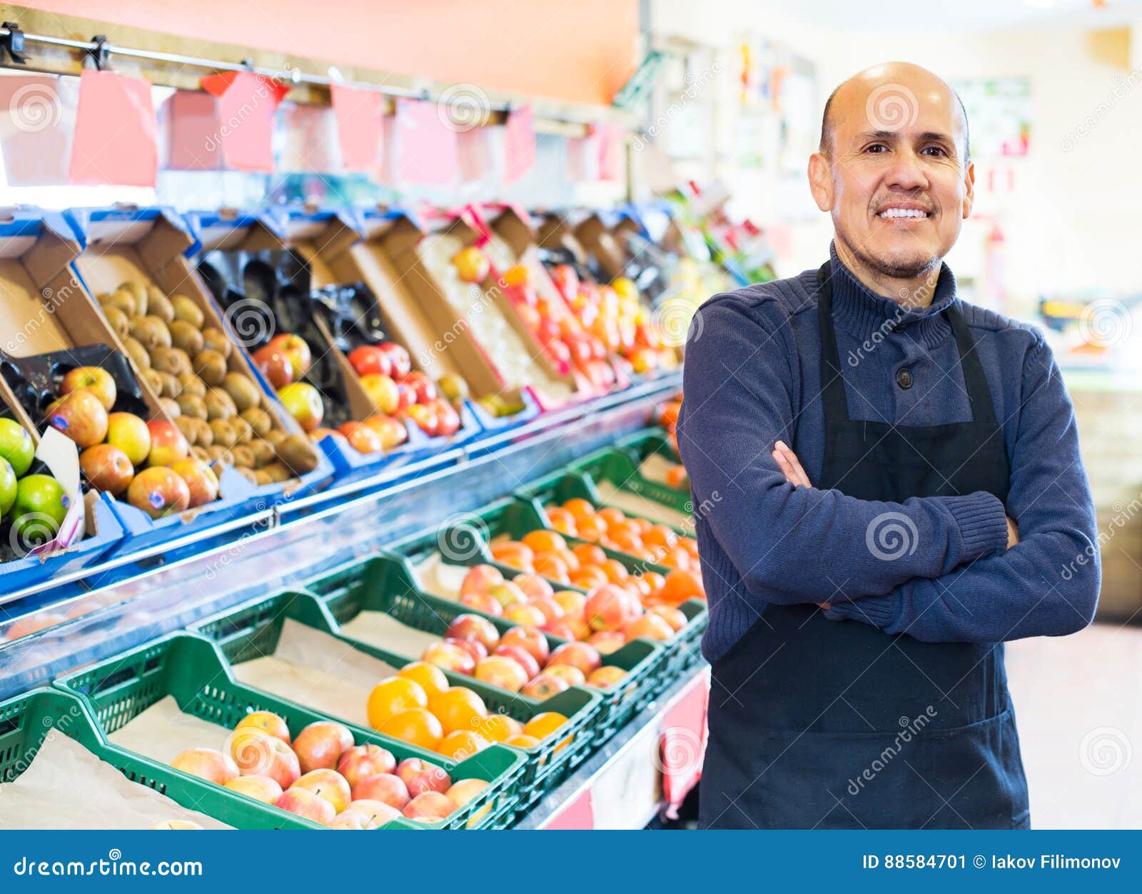 Salesman Working in Fruit Section Stock Image - Image of display, case ...