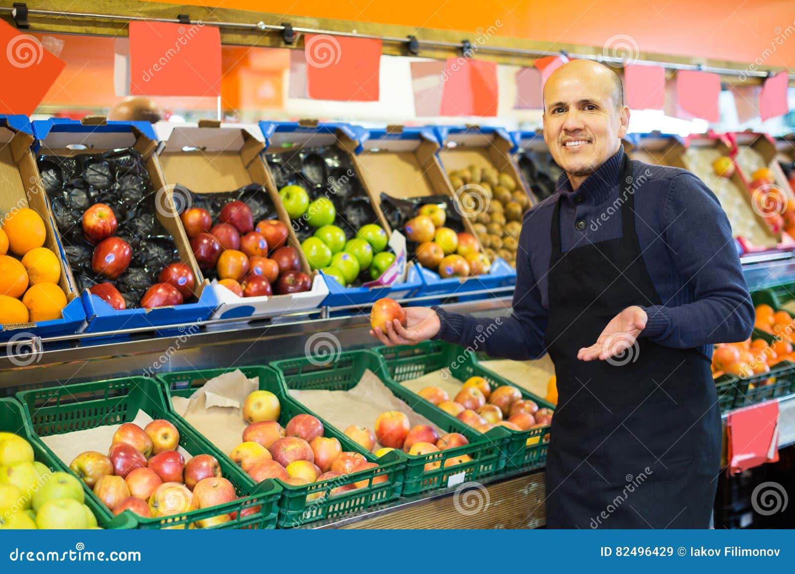 Salesman Working in Fruit Section Stock Image - Image of healthy ...