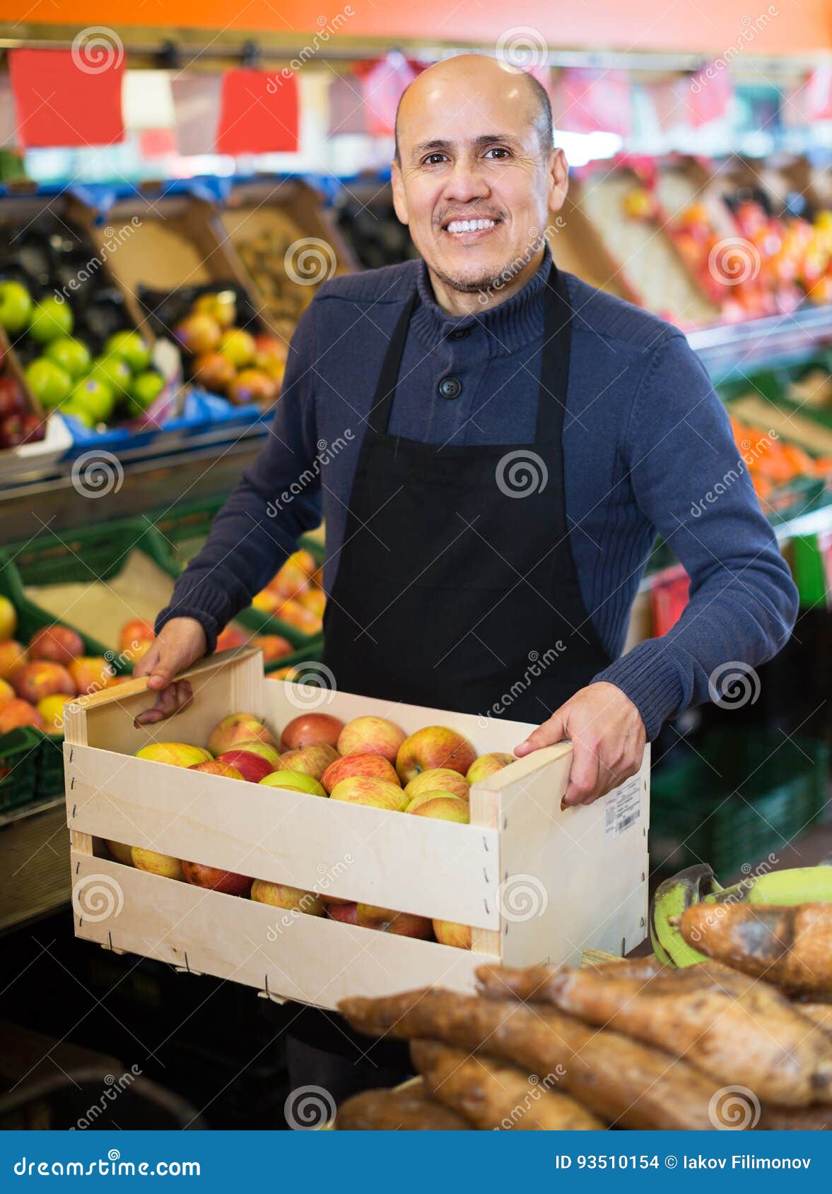 Salesman Working in Fruit Section Stock Photo - Image of happy, offer ...