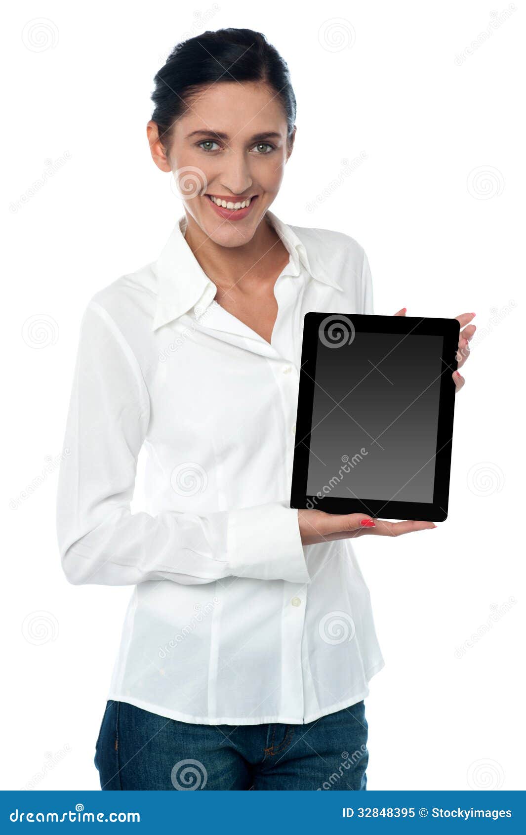 Saleswoman Displaying New Touch Pad Device Stock Image - Image of ...