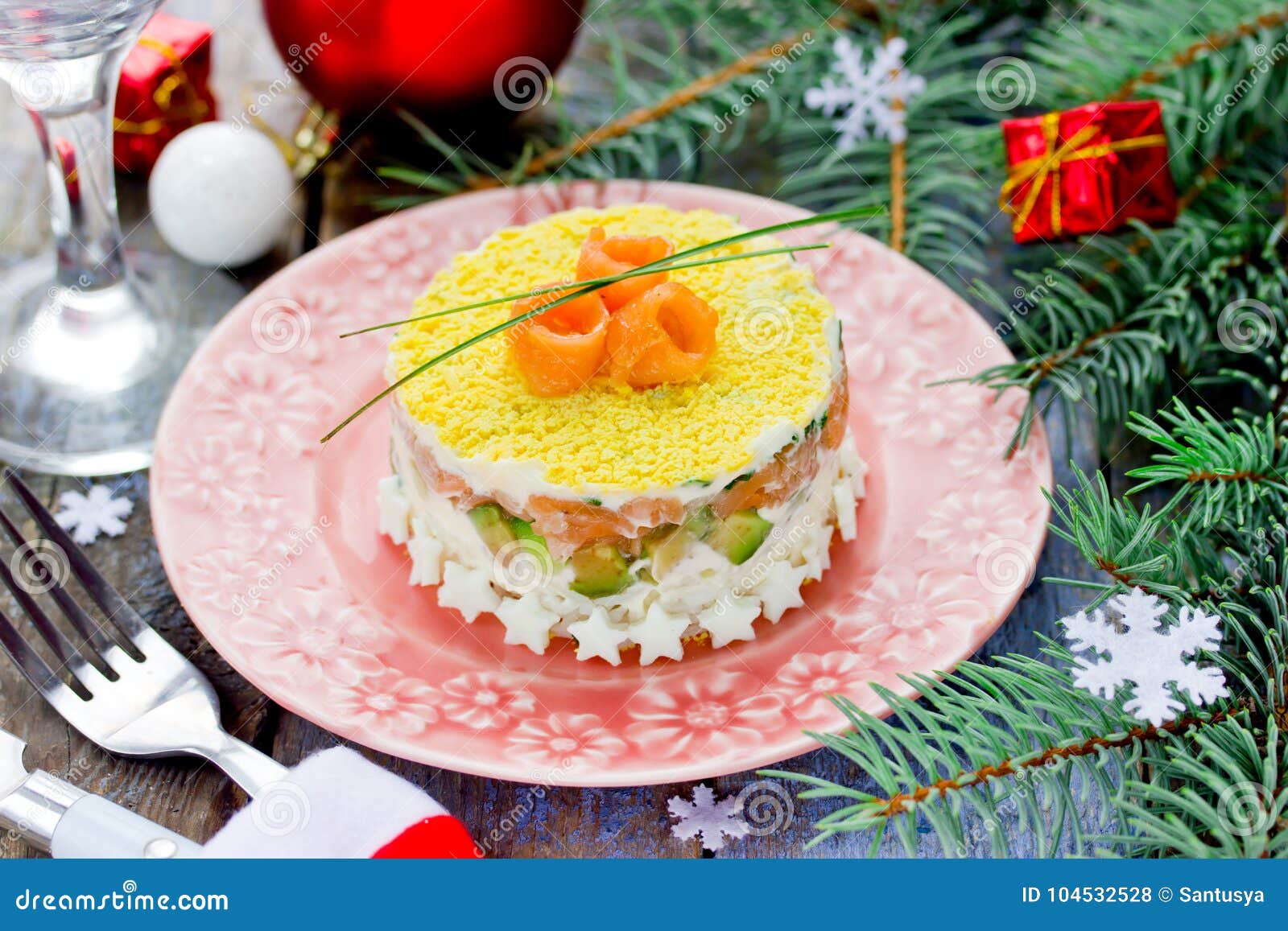 Salmon Avocado Rice Salad on Christmas Dinner Table Stock Photo - Image ...