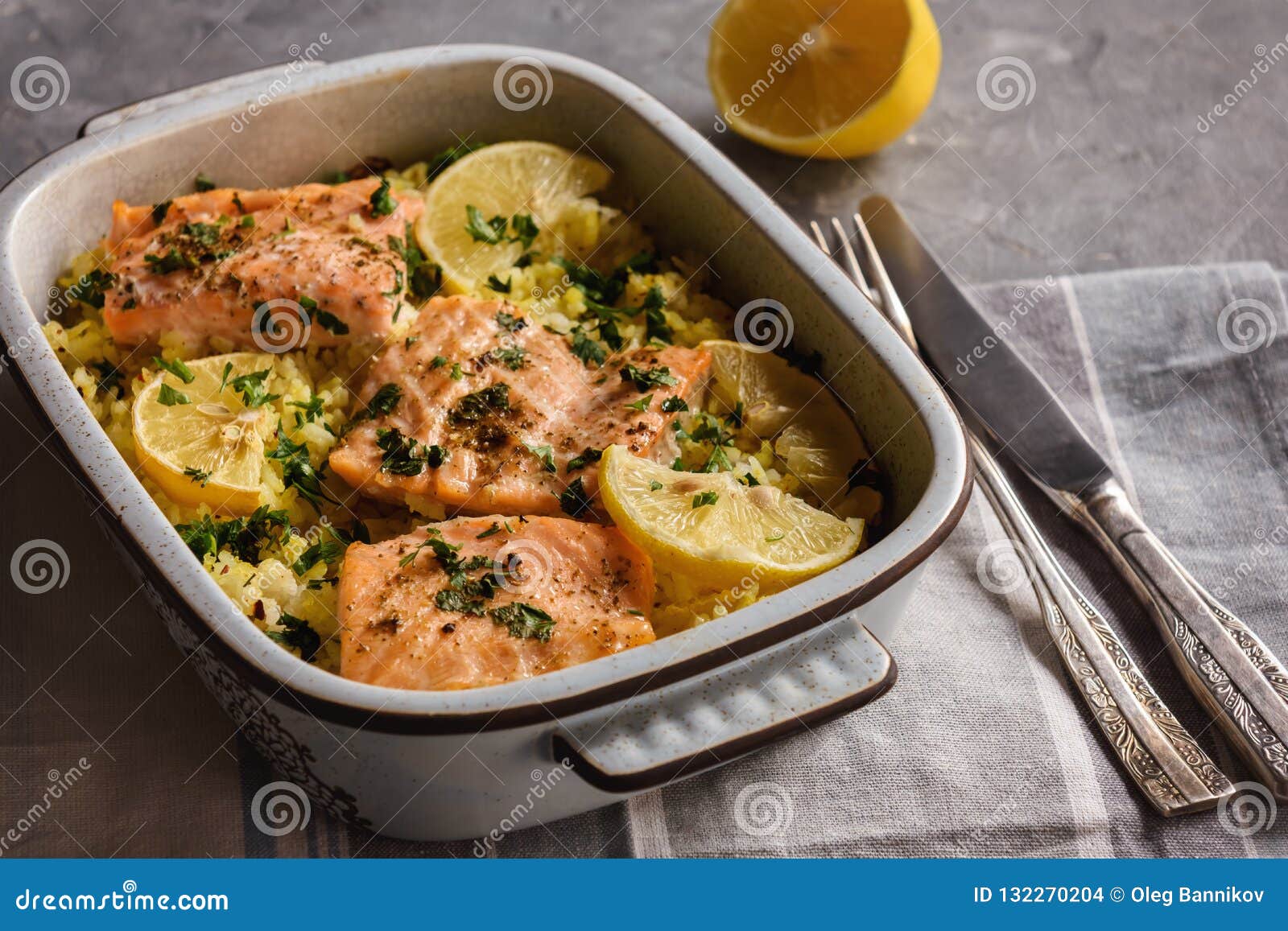 Salmon Baked on Oven with Rice and Lemon. Stock Photo - Image of ...