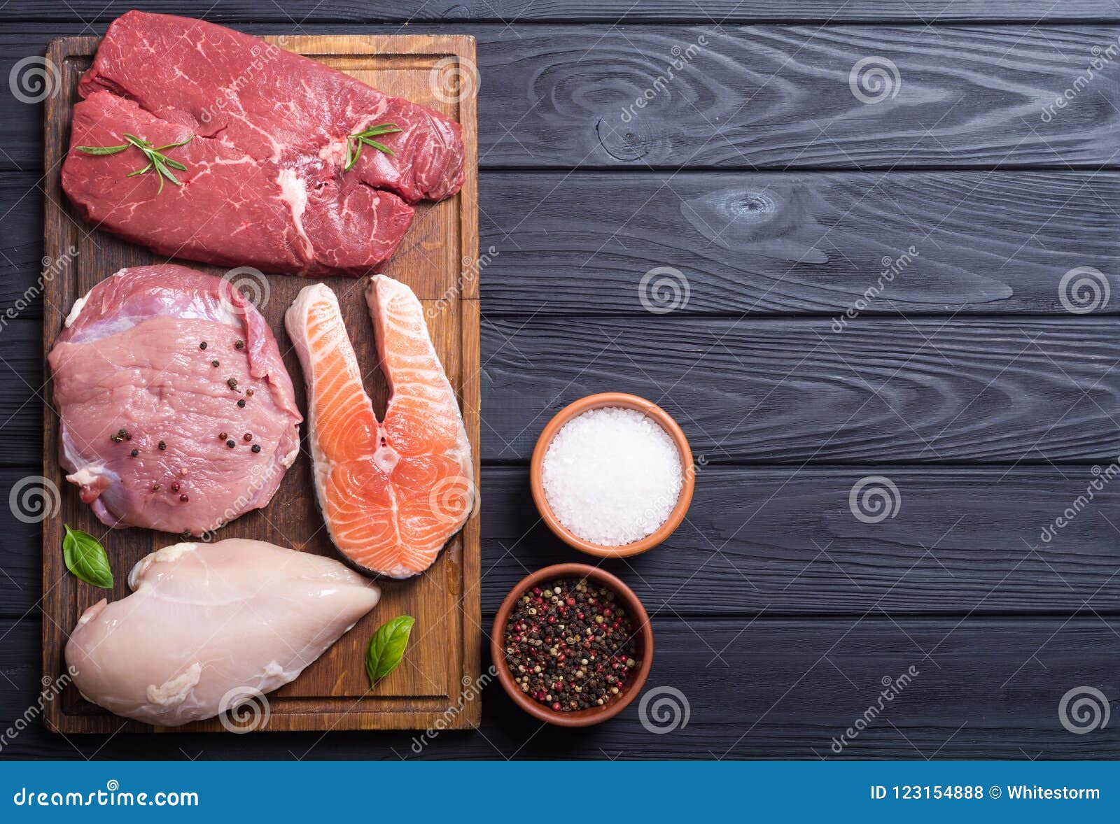 Salmon , Beef , Pork and Chicken Stock Photo - Image of poultry ...