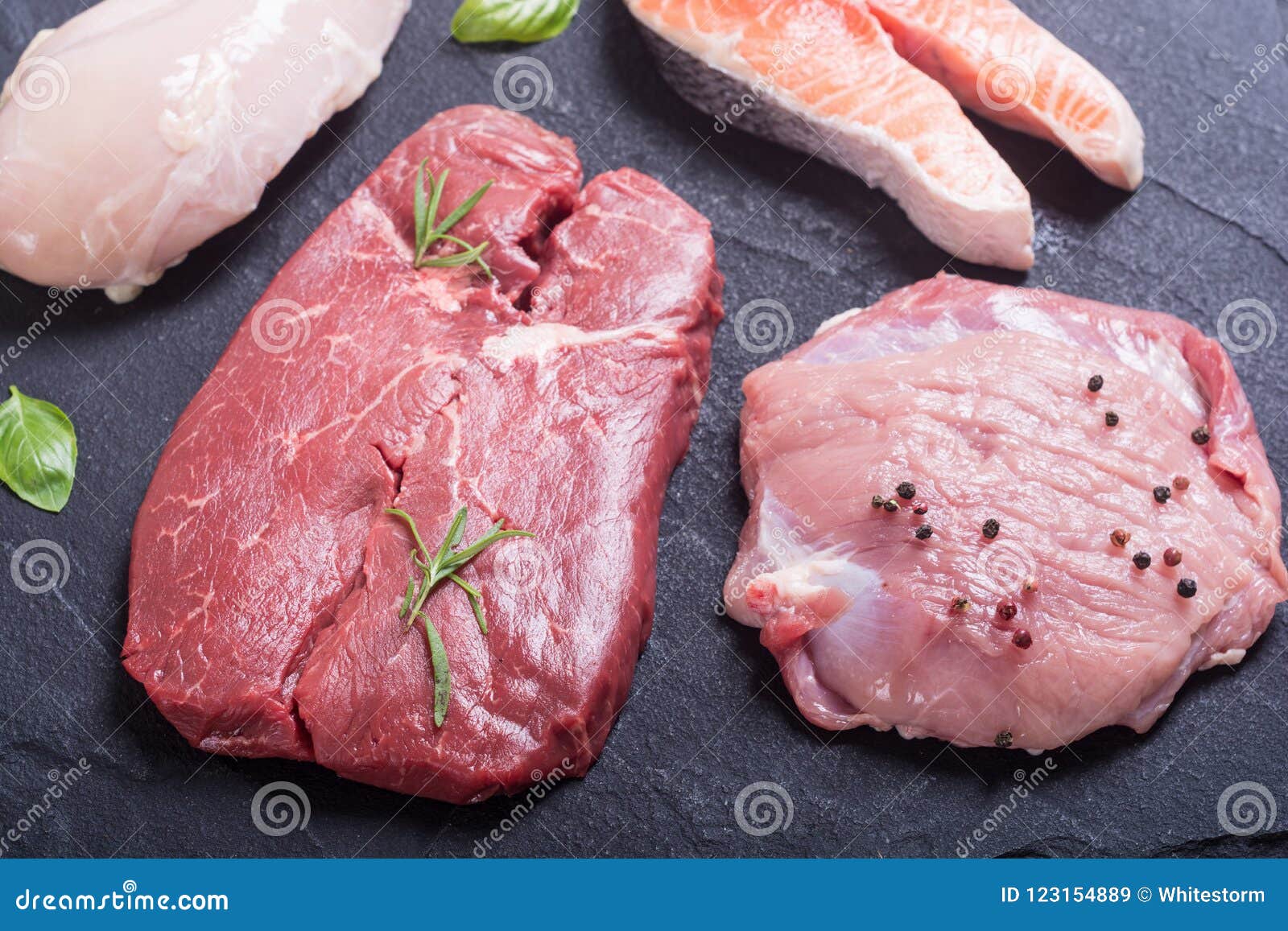 Salmon , Beef , Pork and Chicken Stock Image - Image of assortment ...