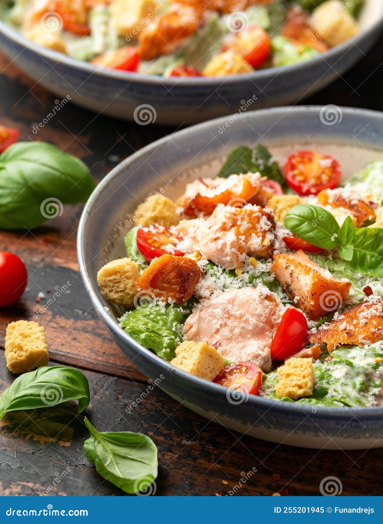 Salmon Caesar Salad with Grilled Fish, Croutons and Cherry Tomatoes ...