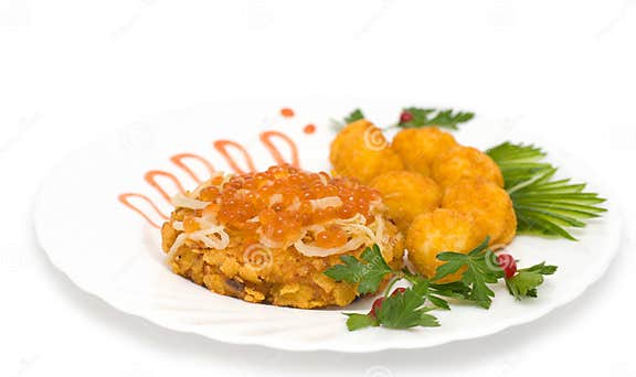 Salmon Cake with Red Caviar Stock Photo - Image of parsley, cutlet ...