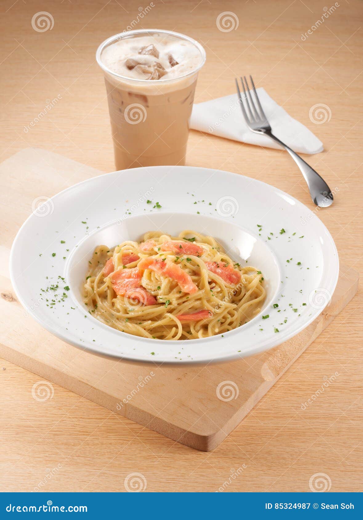 Salmon Carbonara Spaghetti with Milk Tea Stock Image - Image of cuisine ...