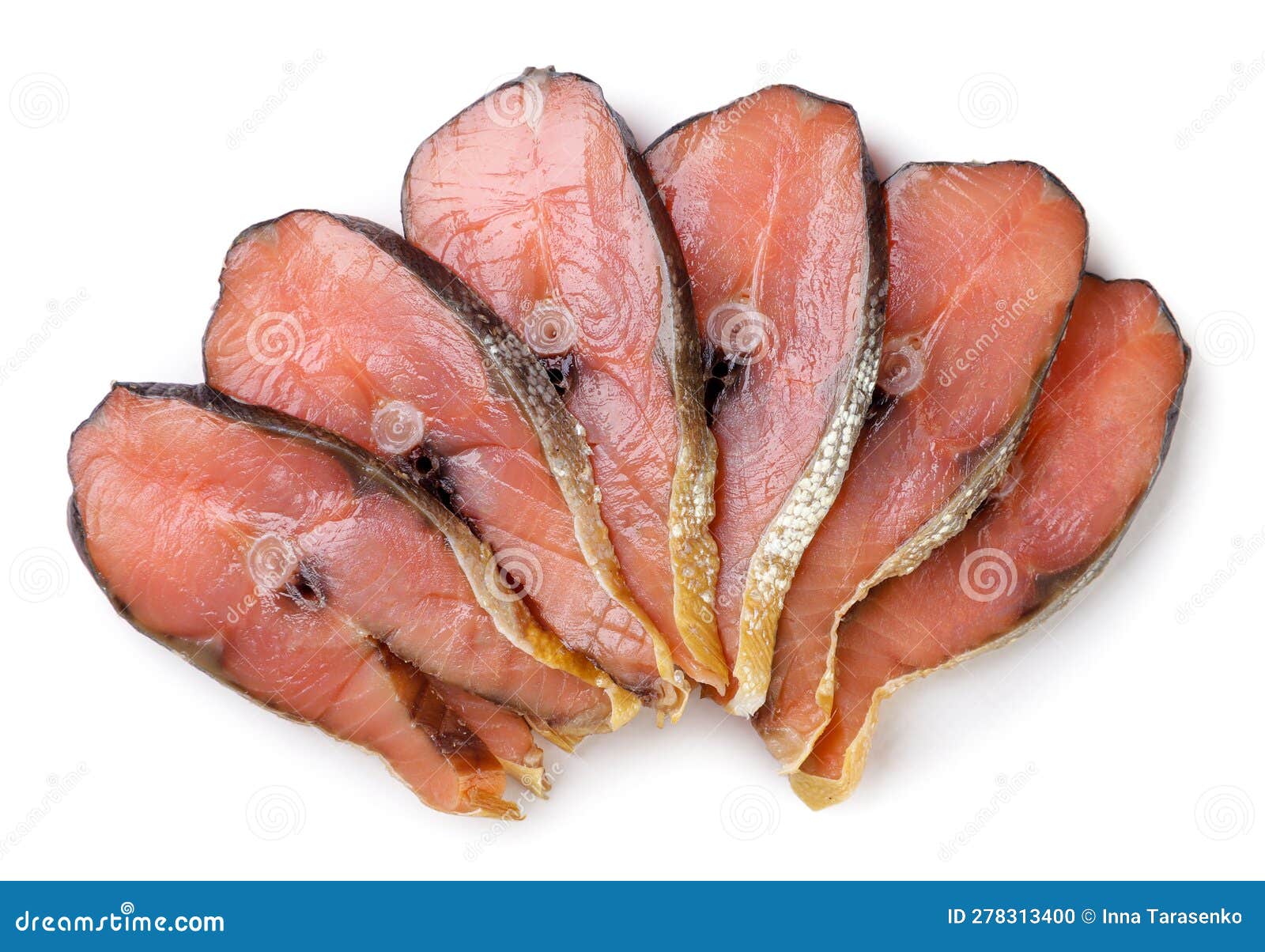 Salmon Fish Cut into Pieces on a White Background. Top View Stock Photo ...
