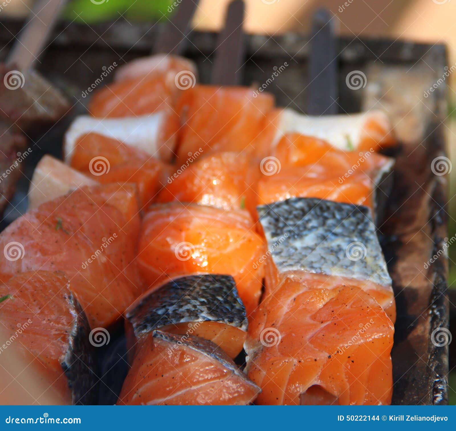Salmon fish on fire stock photo. Image of salt, vegetables - 50222144