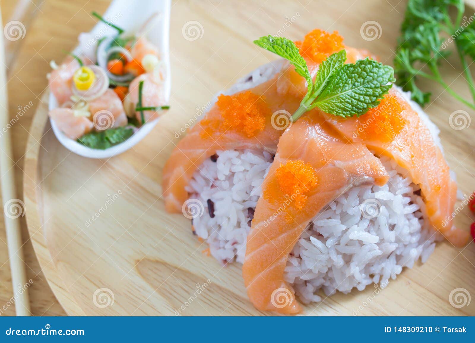 Salmon fish with rice stock photo. Image of fish, plate - 148309210