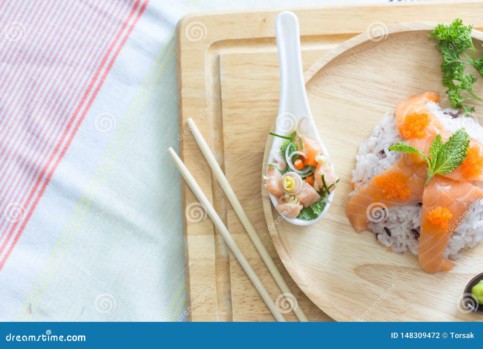 Salmon fish with rice stock photo. Image of healthy - 148309472