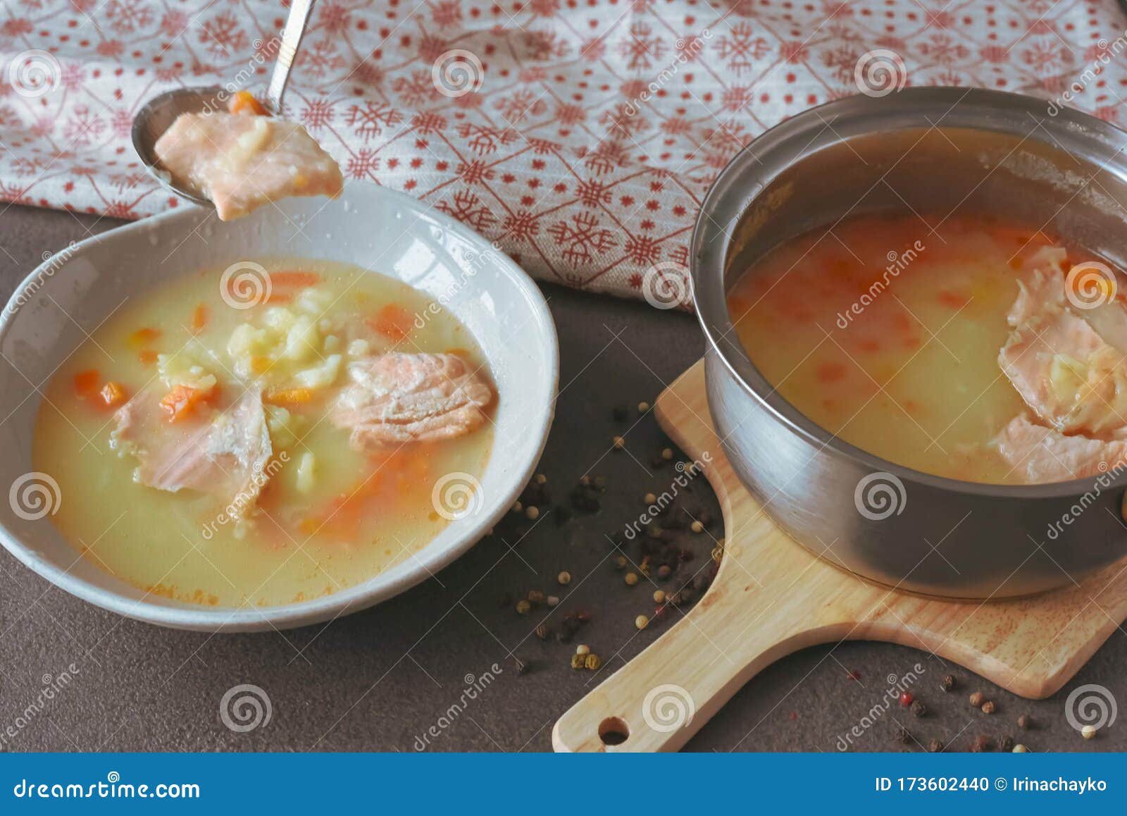 Salmon Fish Soup with Vegetables and Pepper Stock Photo - Image of ...