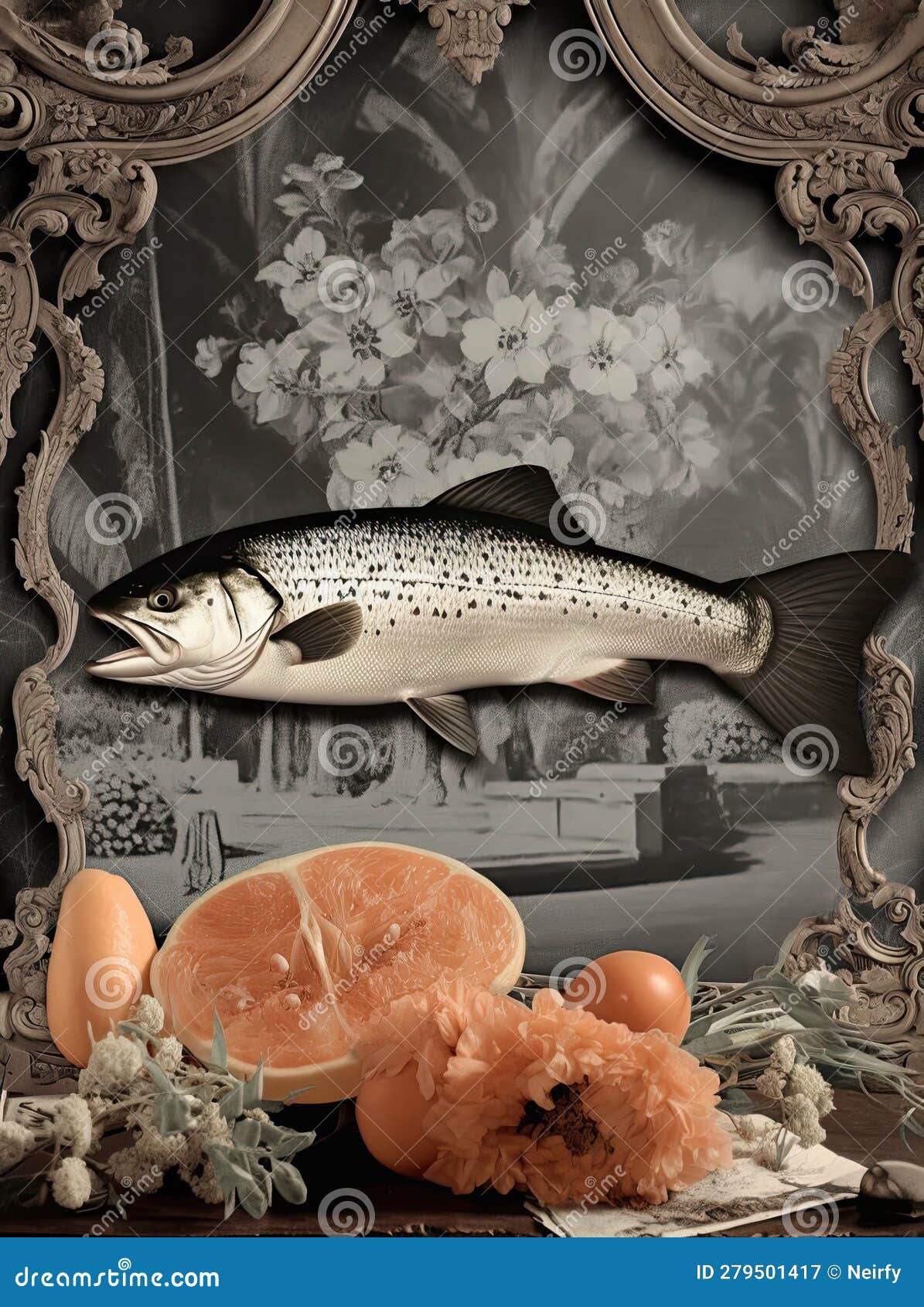 Salmon fish still life stock illustration. Illustration of table ...