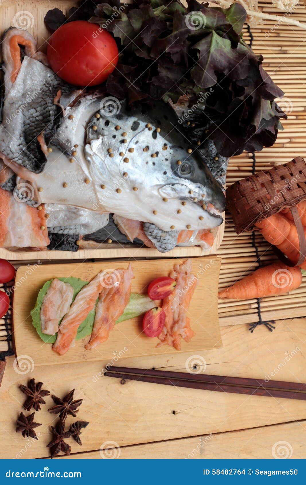 Salmon Head for Cooking and Fresh Salmon Fillets . Stock Photo - Image ...