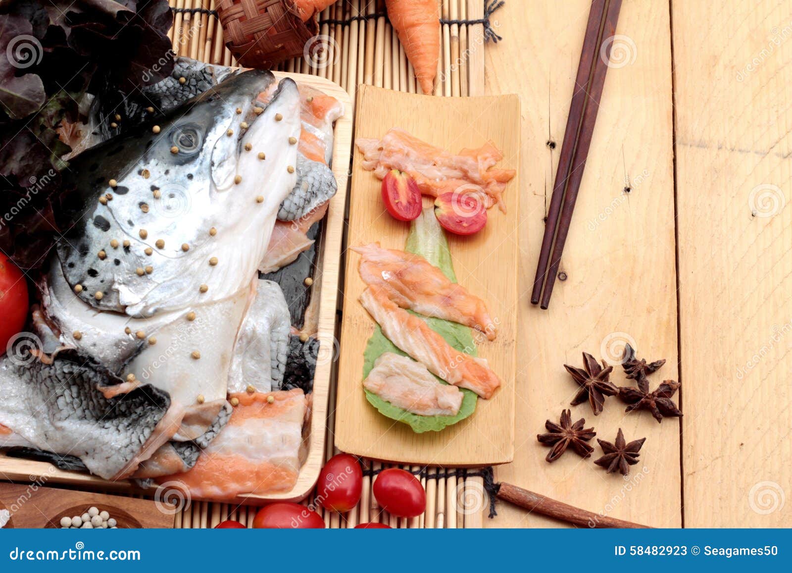 Salmon Head for Cooking and Fresh Salmon Fillets . Stock Image - Image ...