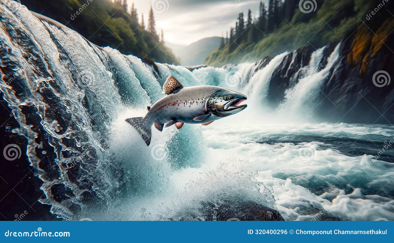 Salmon Jumping Up a Waterfall in Alaska Stock Illustration ...