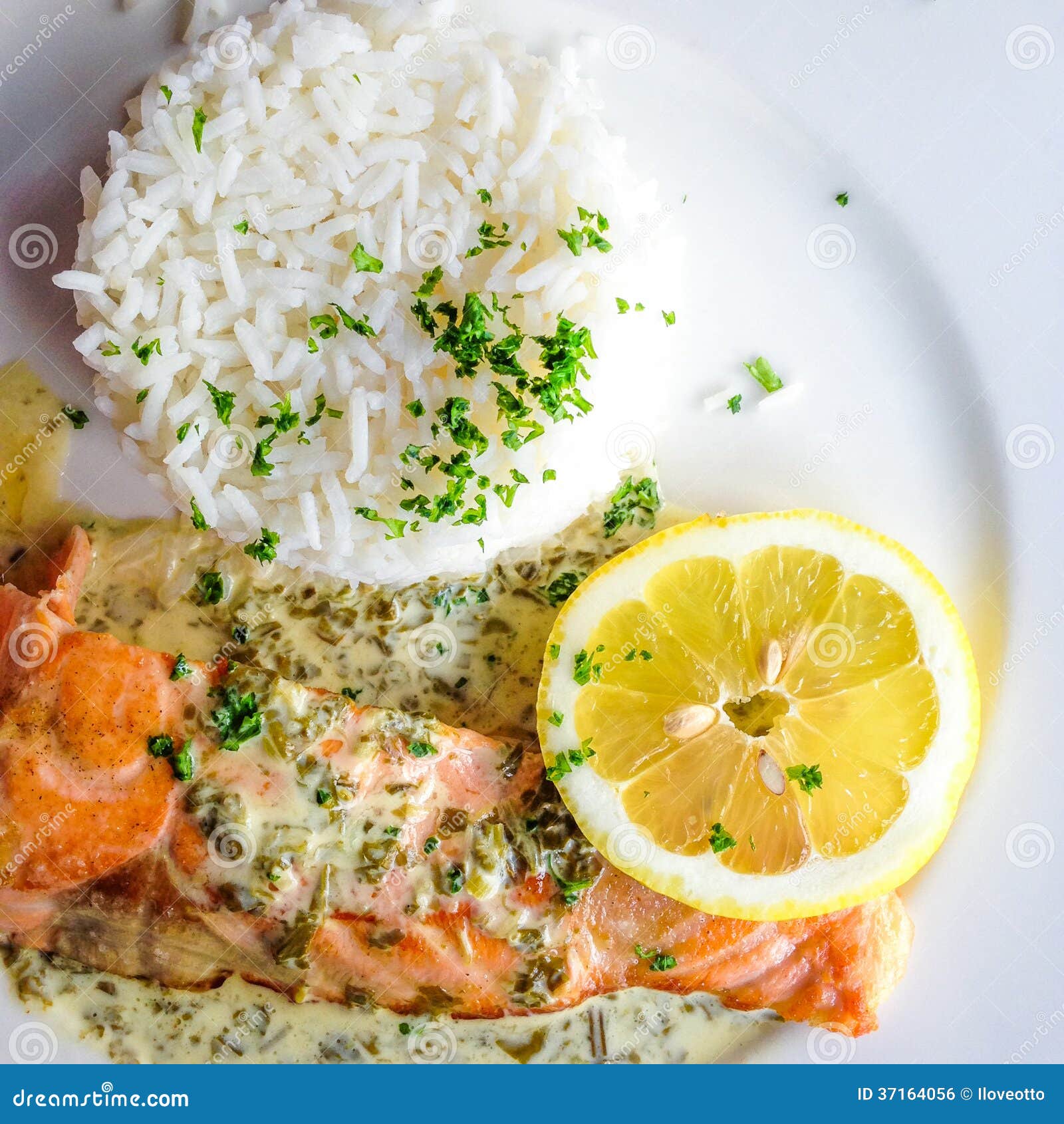 Salmon with lemon and rice stock photo. Image of cream - 37164056