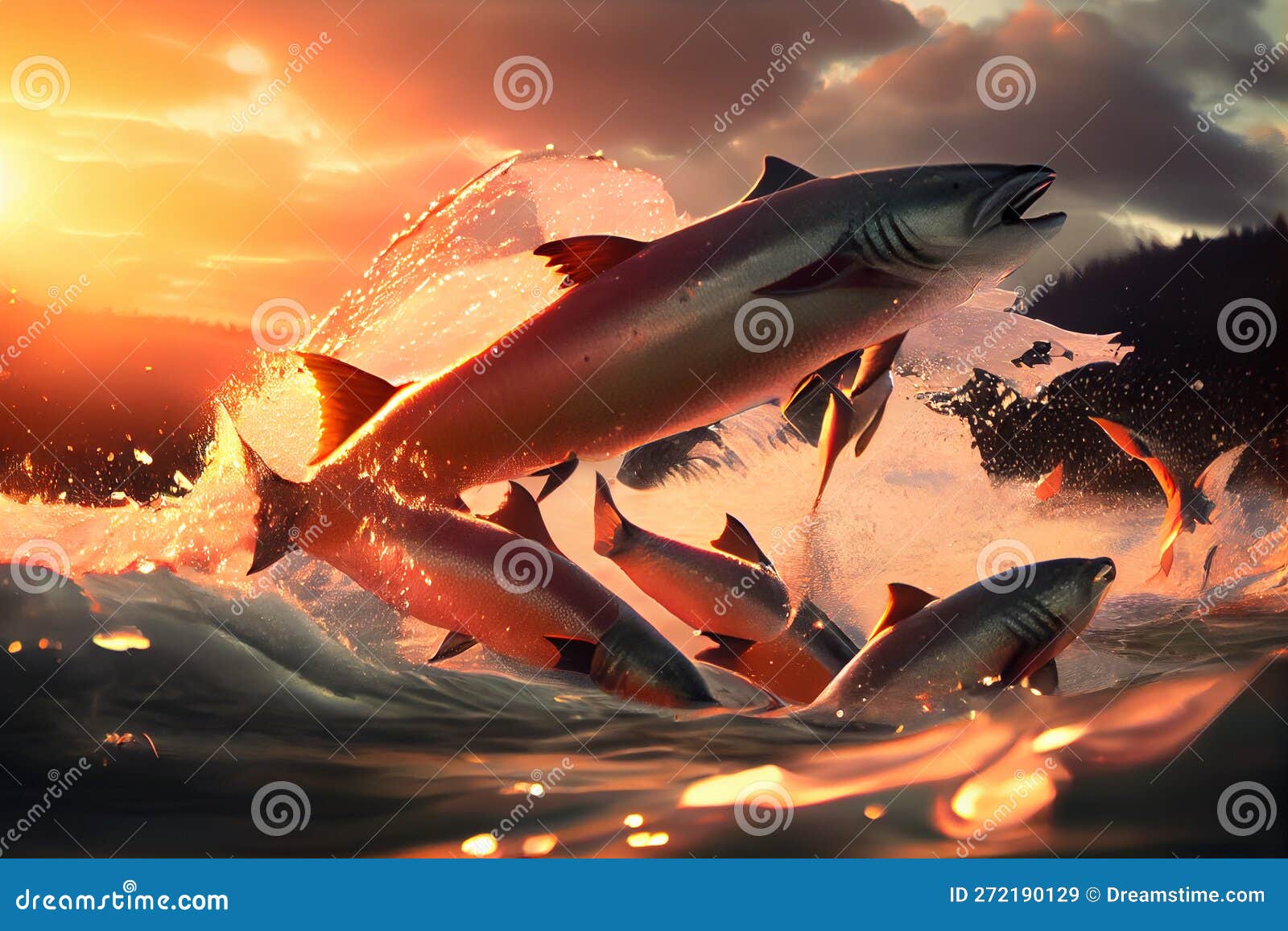 Salmon Migration at Sunset. AI Generated Stock Image - Image of flock ...