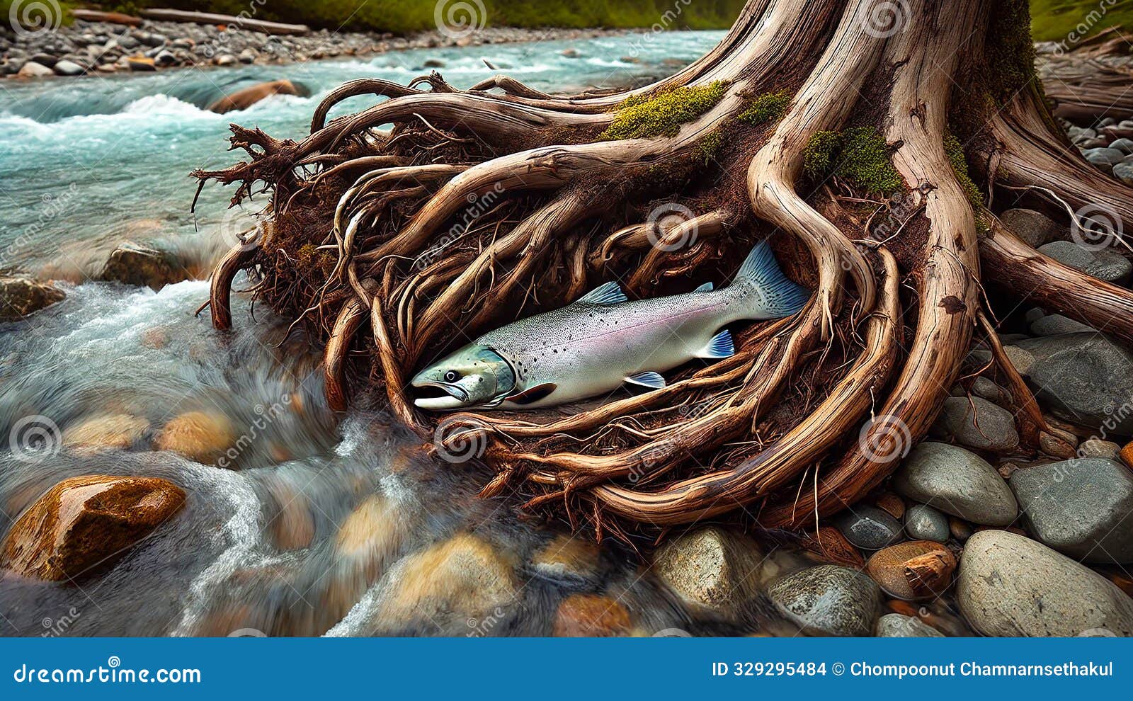 Salmon Nestled among Exposed Tree Roots Along a Riverbank Stock ...
