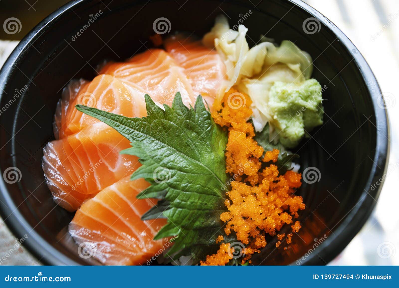 Salmon Raw Fish on Rice Japanese Food Style Stock Photo - Image of bowl ...