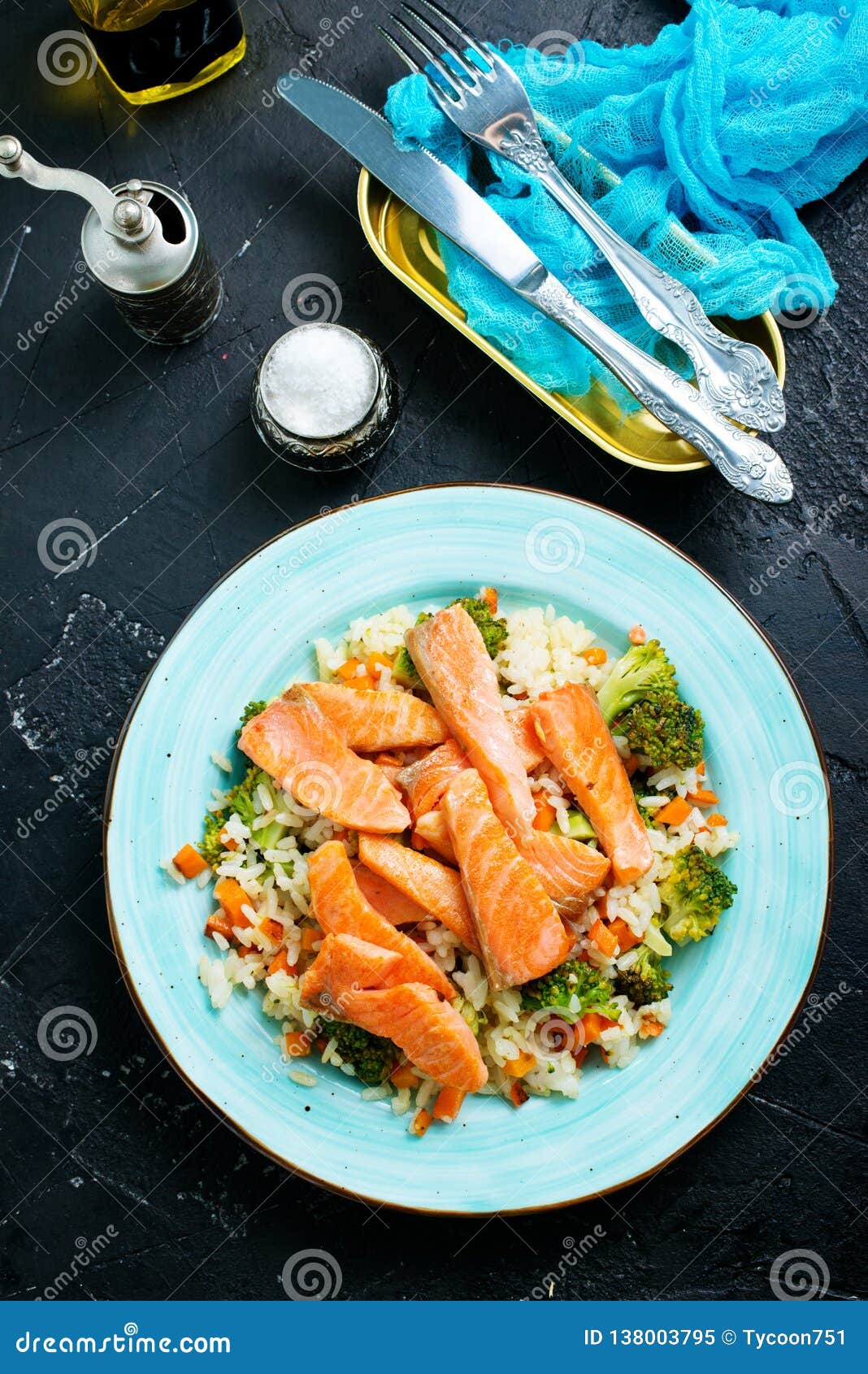 Salmon and Rice with Broccoli Stock Image - Image of lemon, dinner ...