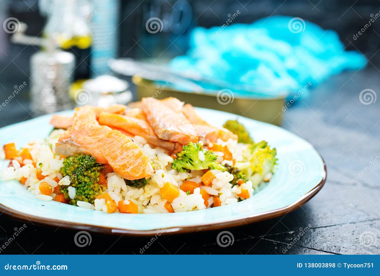 Salmon and Rice with Broccoli Stock Photo - Image of dining, baked ...