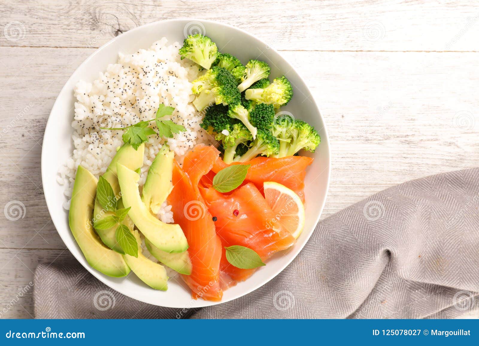Salmon, rice and vegetable stock image. Image of cuisine - 125078027