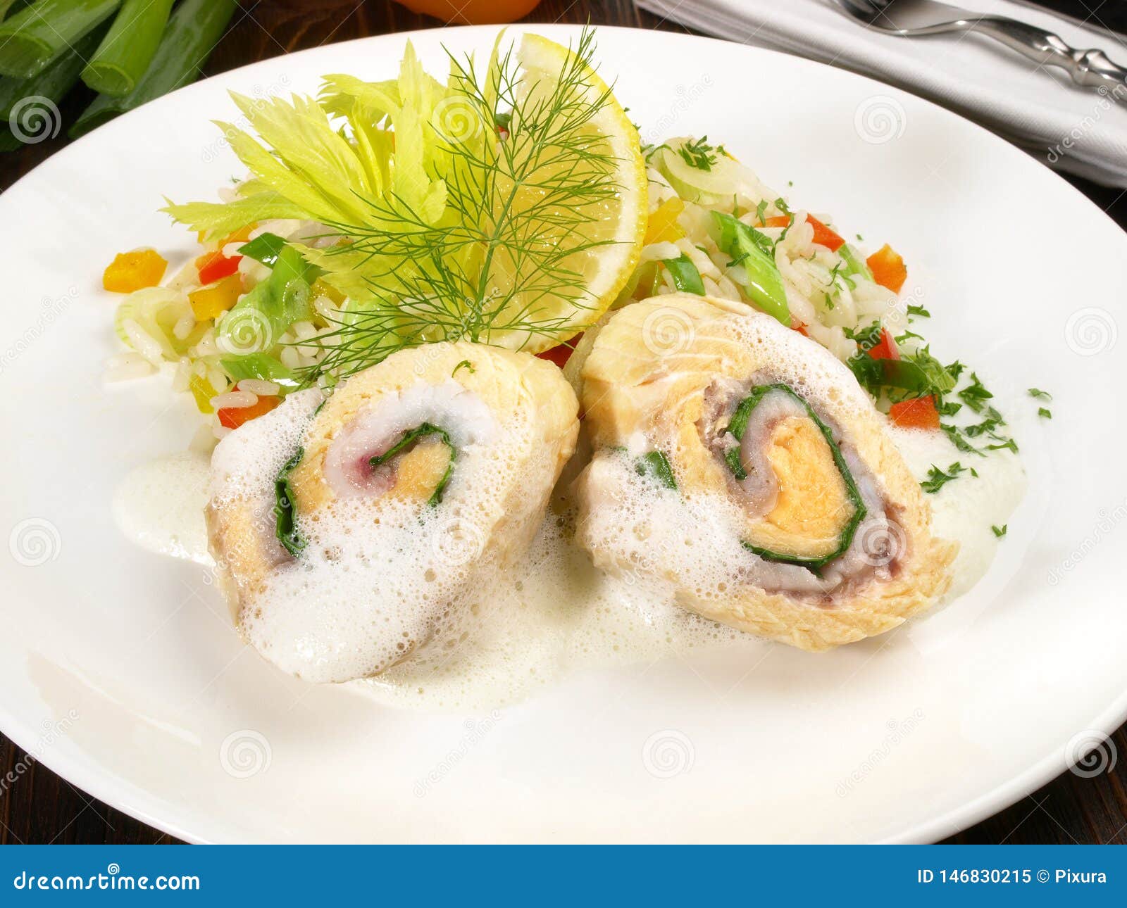 Salmon Rolls - Fish Fillet with Rice and Vegetables Stock Image - Image ...