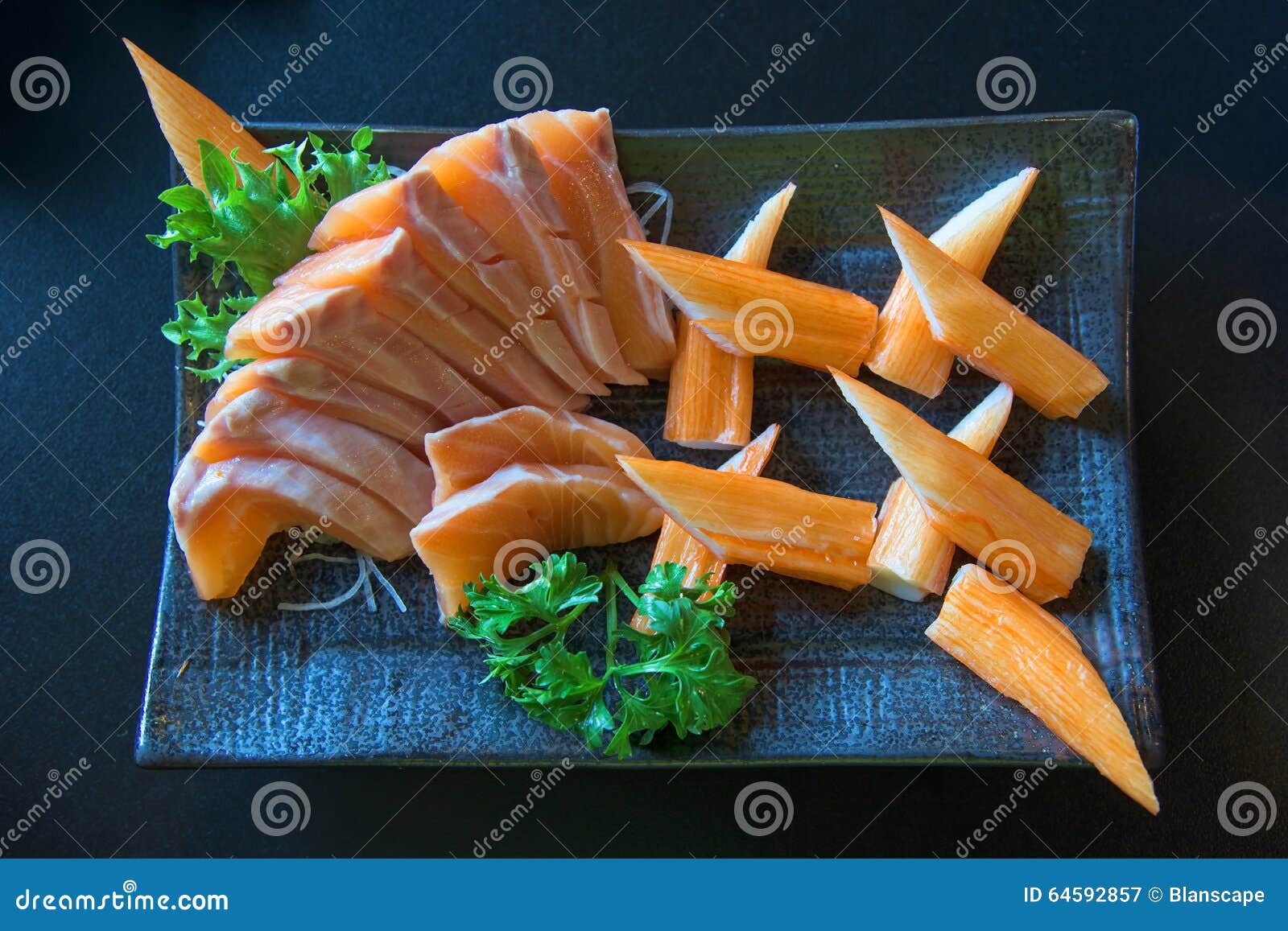 Salmon Sashimi and Crab Stick Stock Image - Image of table, asia: 64592857