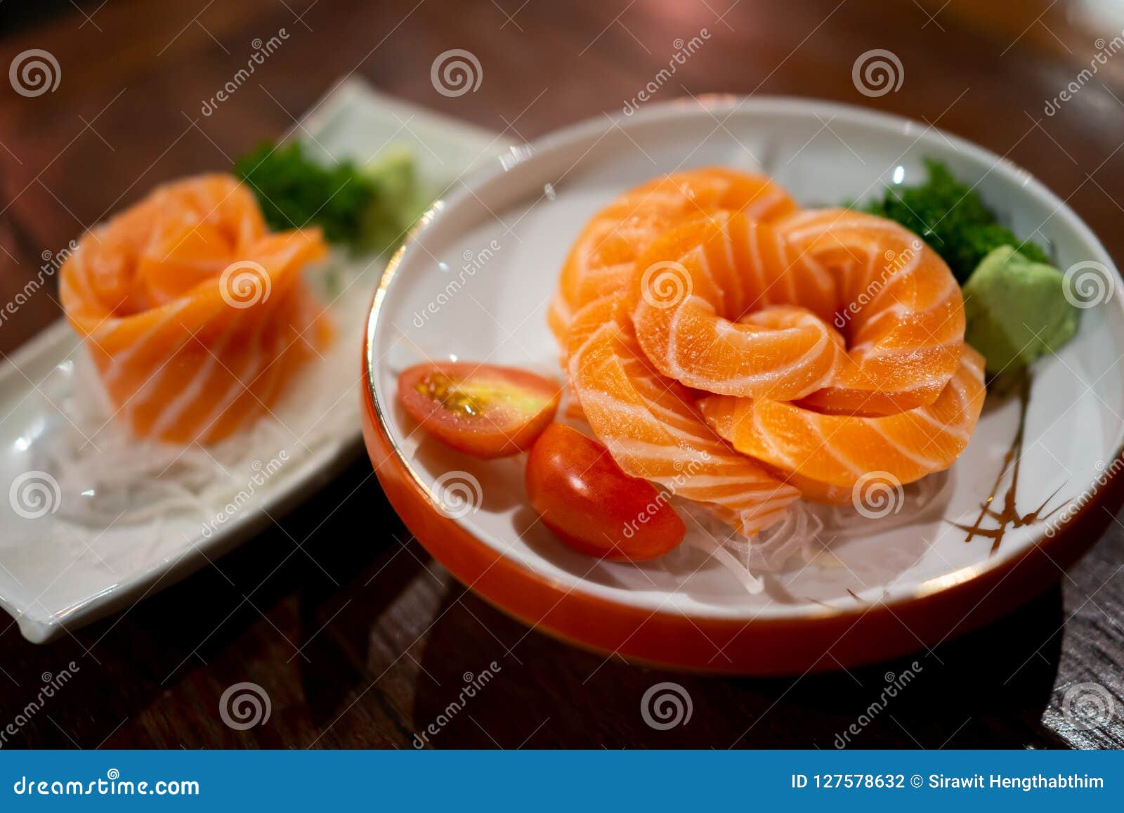 Salmon Sashimi Serve on Flower Shape Stock Photo - Image of closeup ...