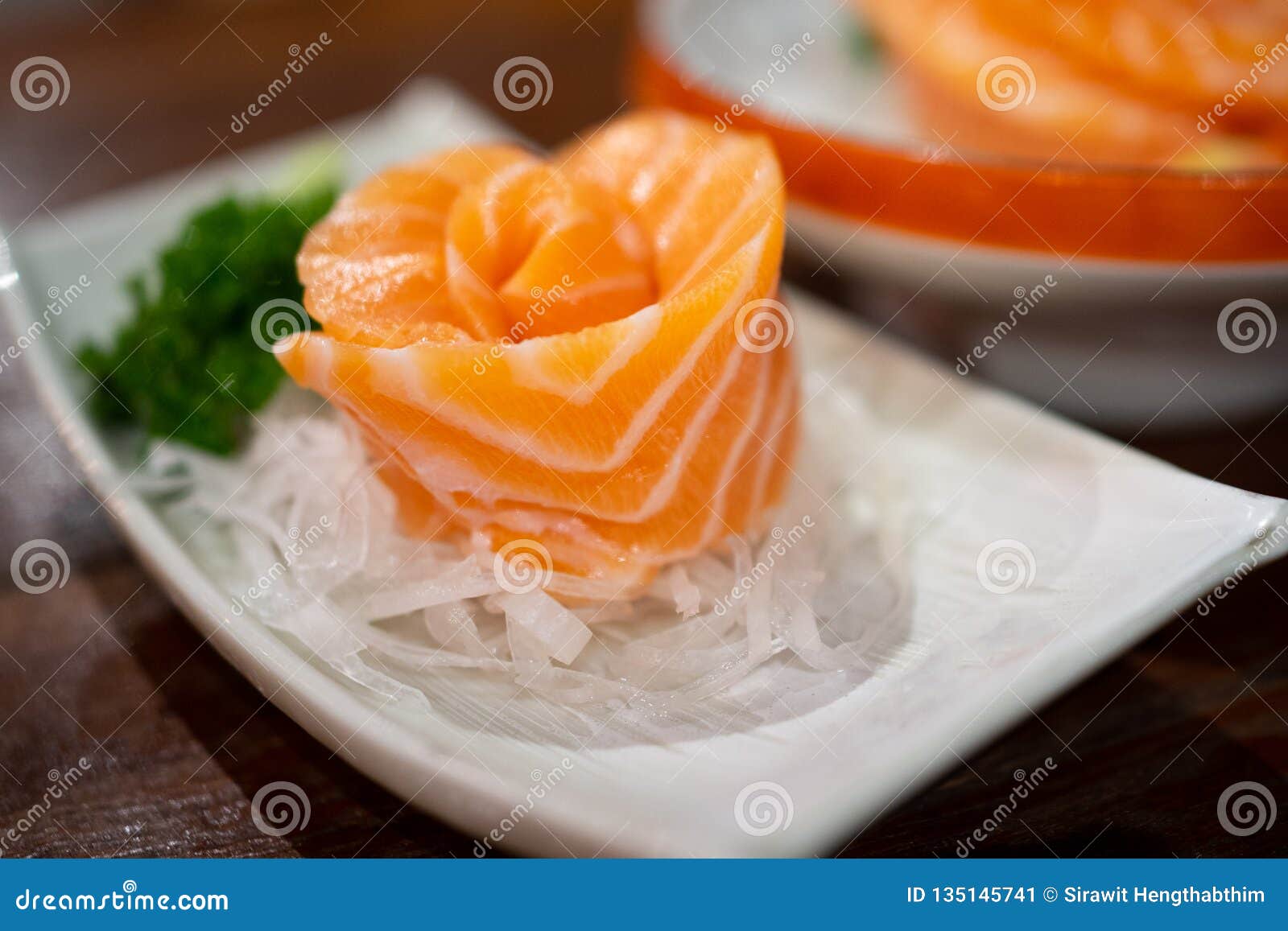Salmon Sashimi Serve on Flower Shape Stock Image - Image of japanese ...