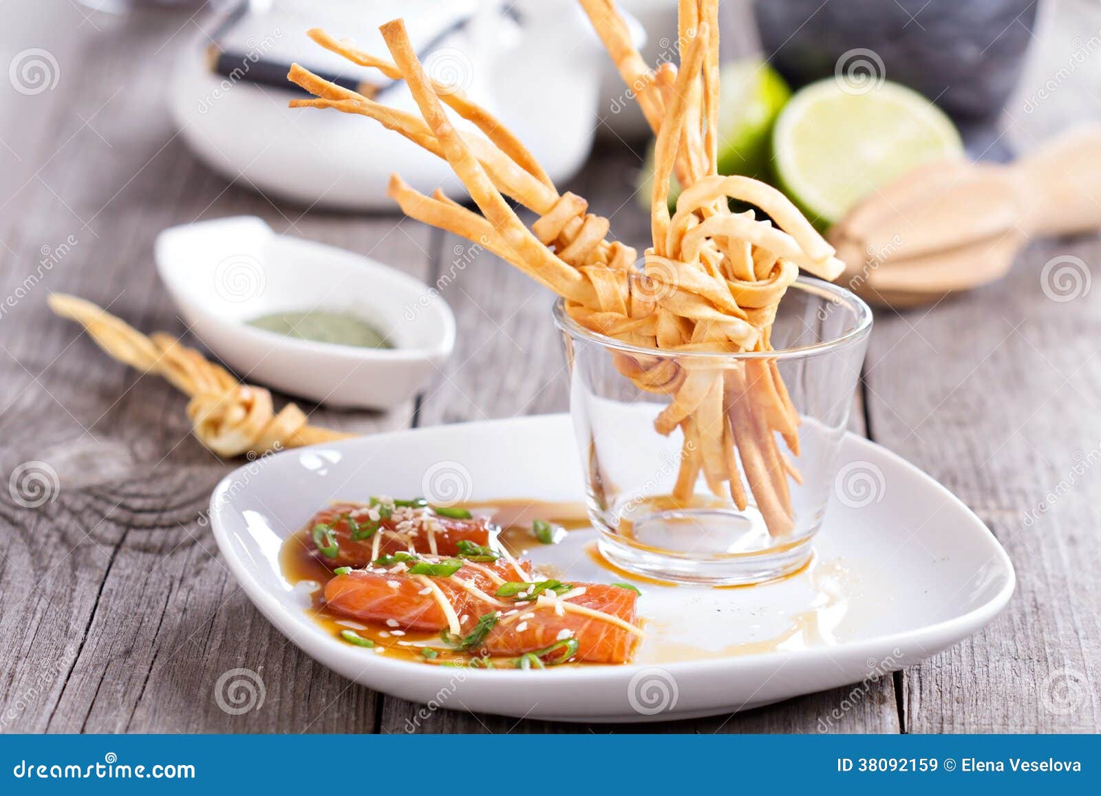 Salmon Sashimi with Udon Noodle Knots Stock Image - Image of sauce ...