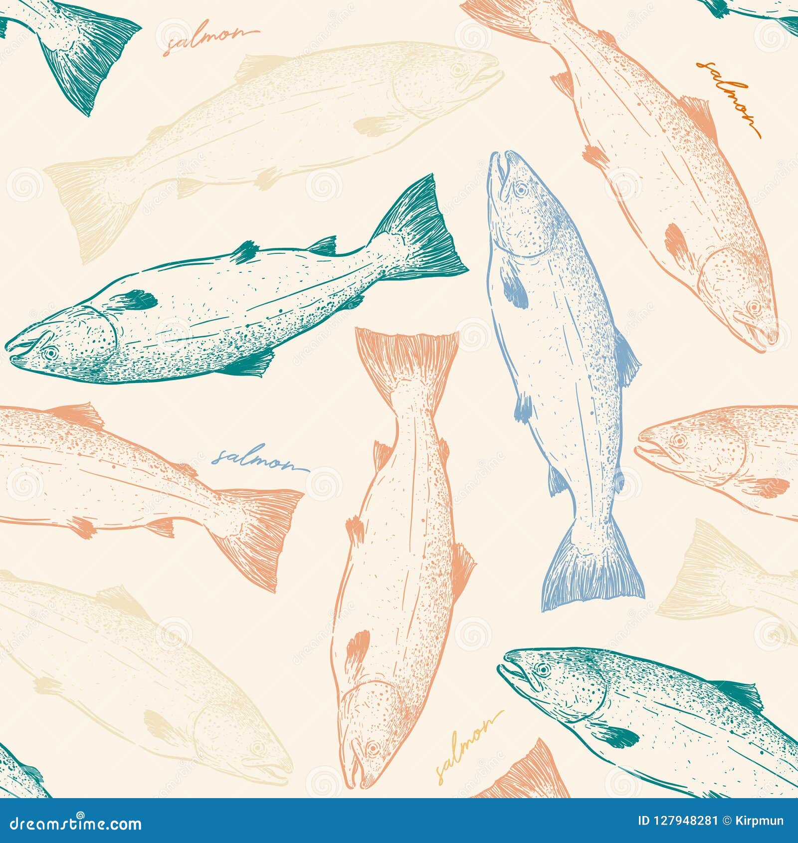 Salmon,seamless Pattern Sketch Vector. Stock Vector - Illustration of ...