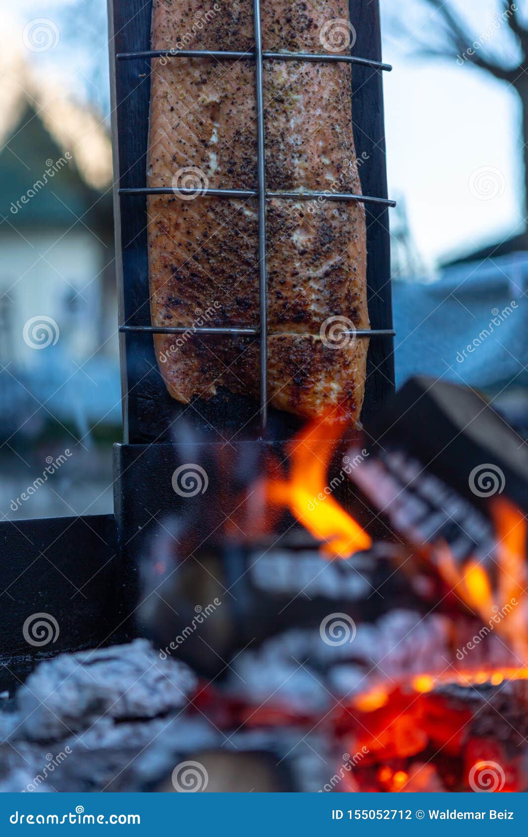 Salmon is Smoked on Open Fire Stock Photo - Image of fried, roast ...
