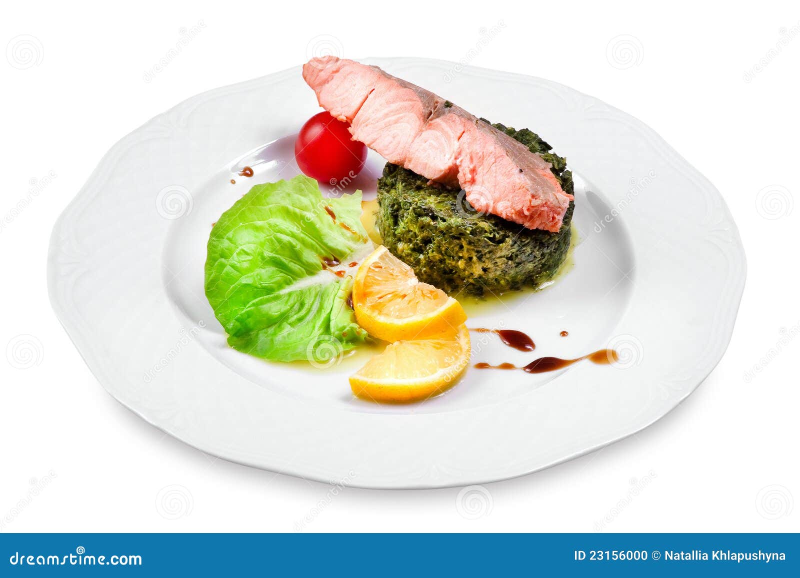 Salmon with Spinach Garnish Stock Photo - Image of tomato, diet: 23156000