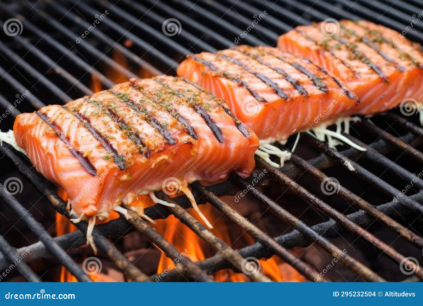 Salmon Steak with Char Lines on a Metal Grill Stock Photo - Image of ...