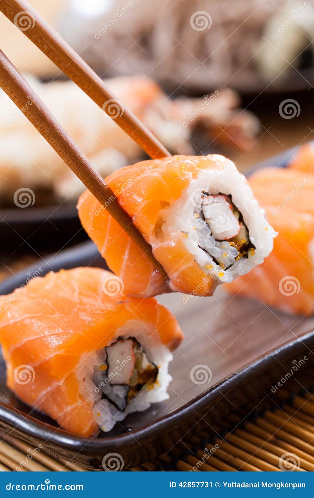 Salmon sushi rolls stock image. Image of meal, salmon - 42857731