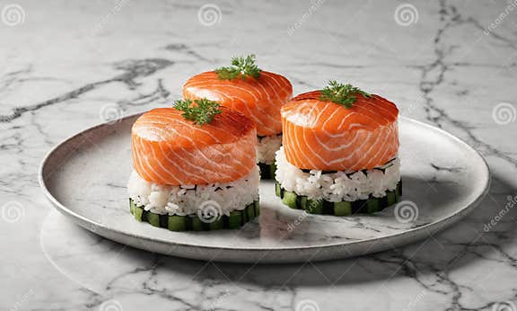 Salmon Sushi Stack on a Plate Stock Illustration - Illustration of ...