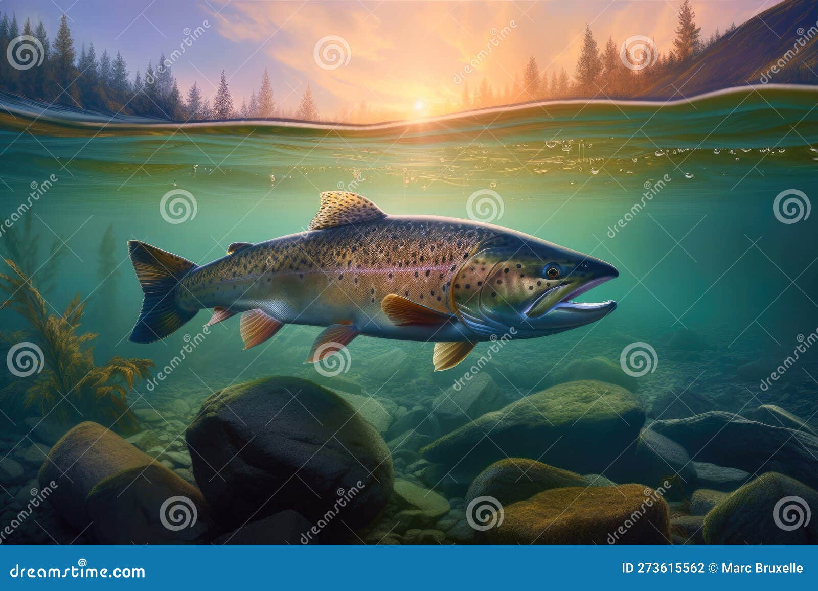 Salmon Swimming Under Water, with Landscape Above the Surface - AI ...