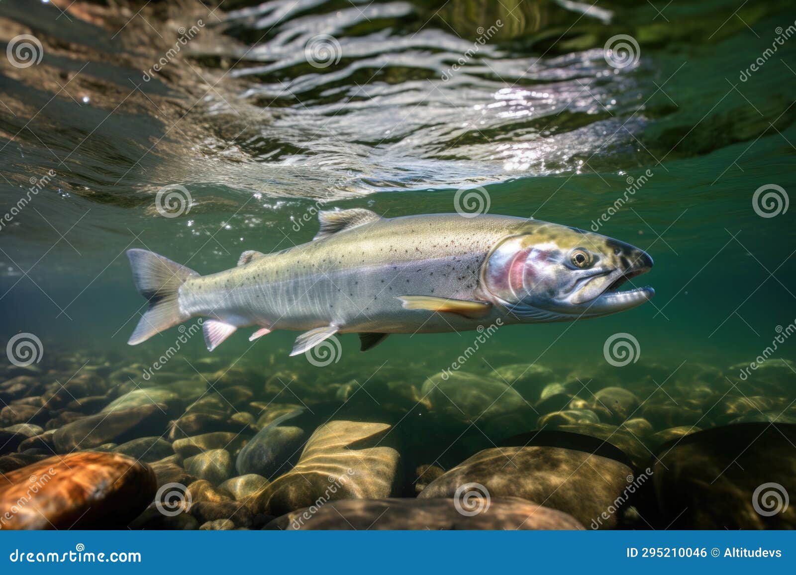Salmon Swimming Upstream To Spawn in Clear Mountain Rivers Stock Photo ...