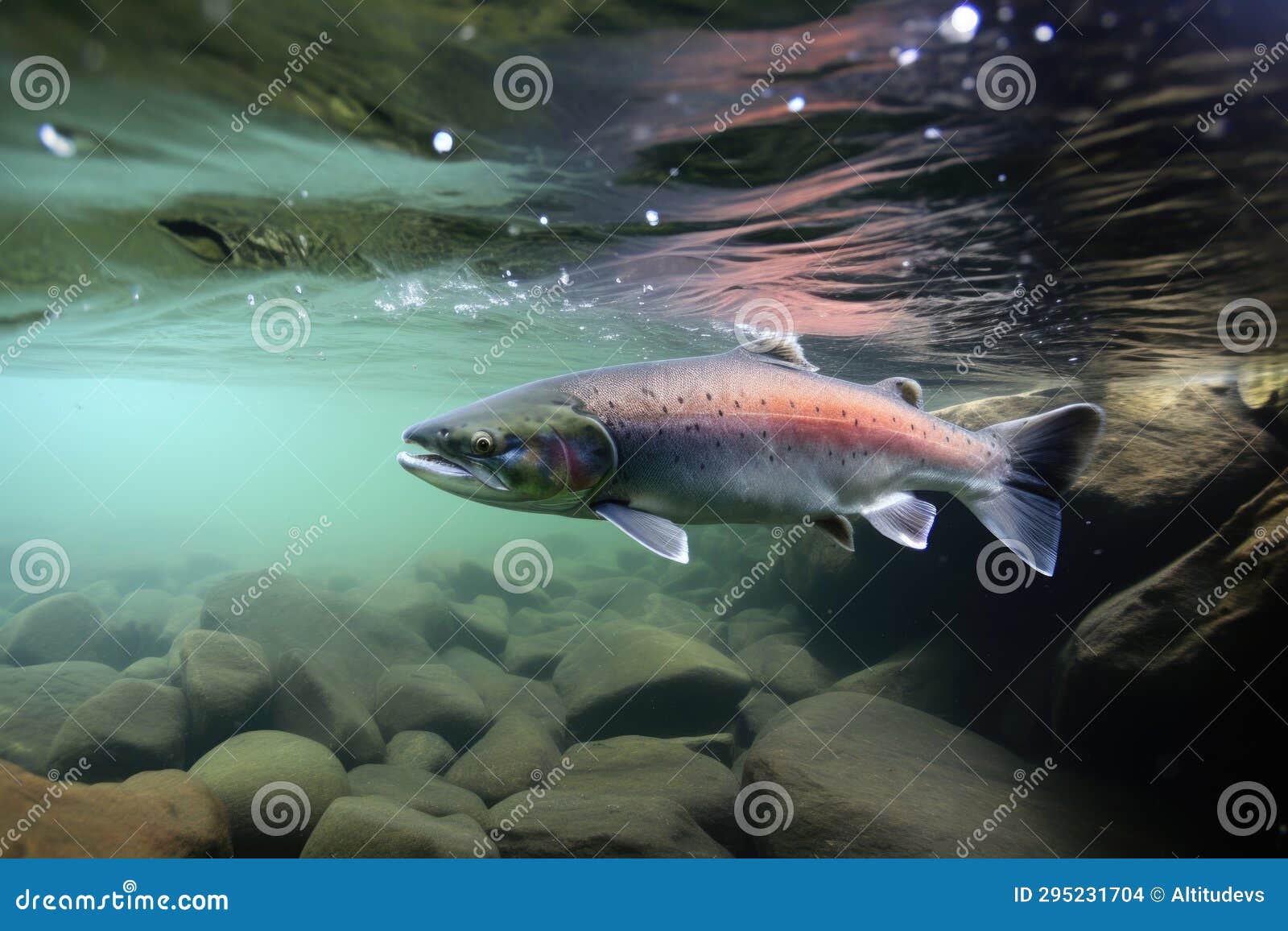 Salmon Swimming Upstream To Spawn in Clear Mountain Rivers Stock Photo ...