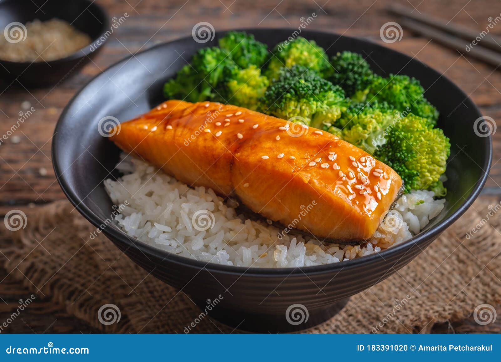 Salmon Teriyaki with Rice and Vegetable in Bowl Stock Photo - Image of ...