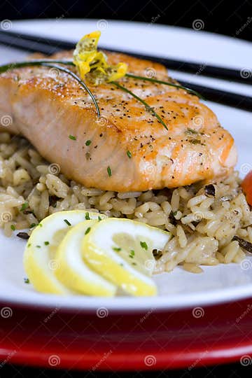 Salmon with wild rice stock photo. Image of lemon, vertical - 7774742