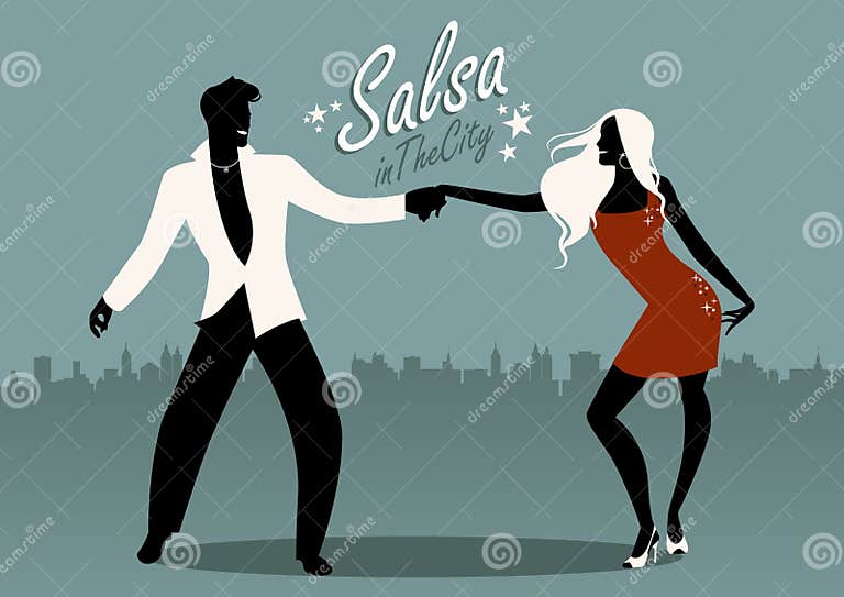 Salsa In The City Silhouettes Of Young Couple Dancing Latin Music