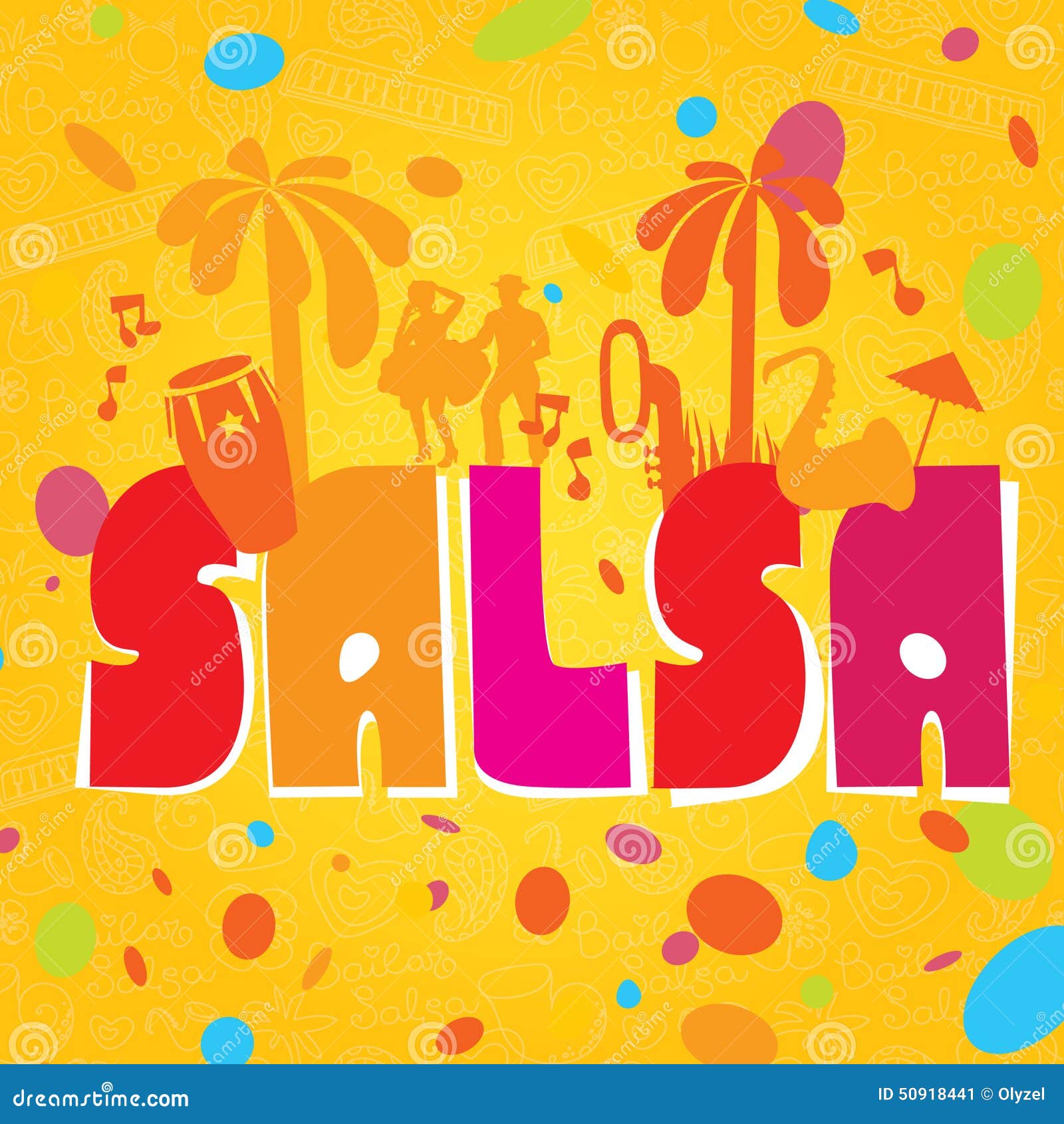 Salsa Colorful Lettering with Confetti, Palms, Music. Stock ...