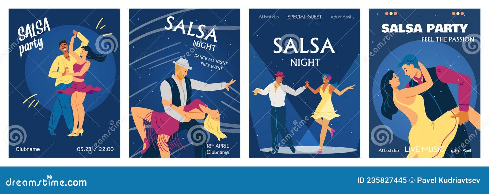 Salsa Dance Party and Night Banners or Posters Bundle Flat Vector ...