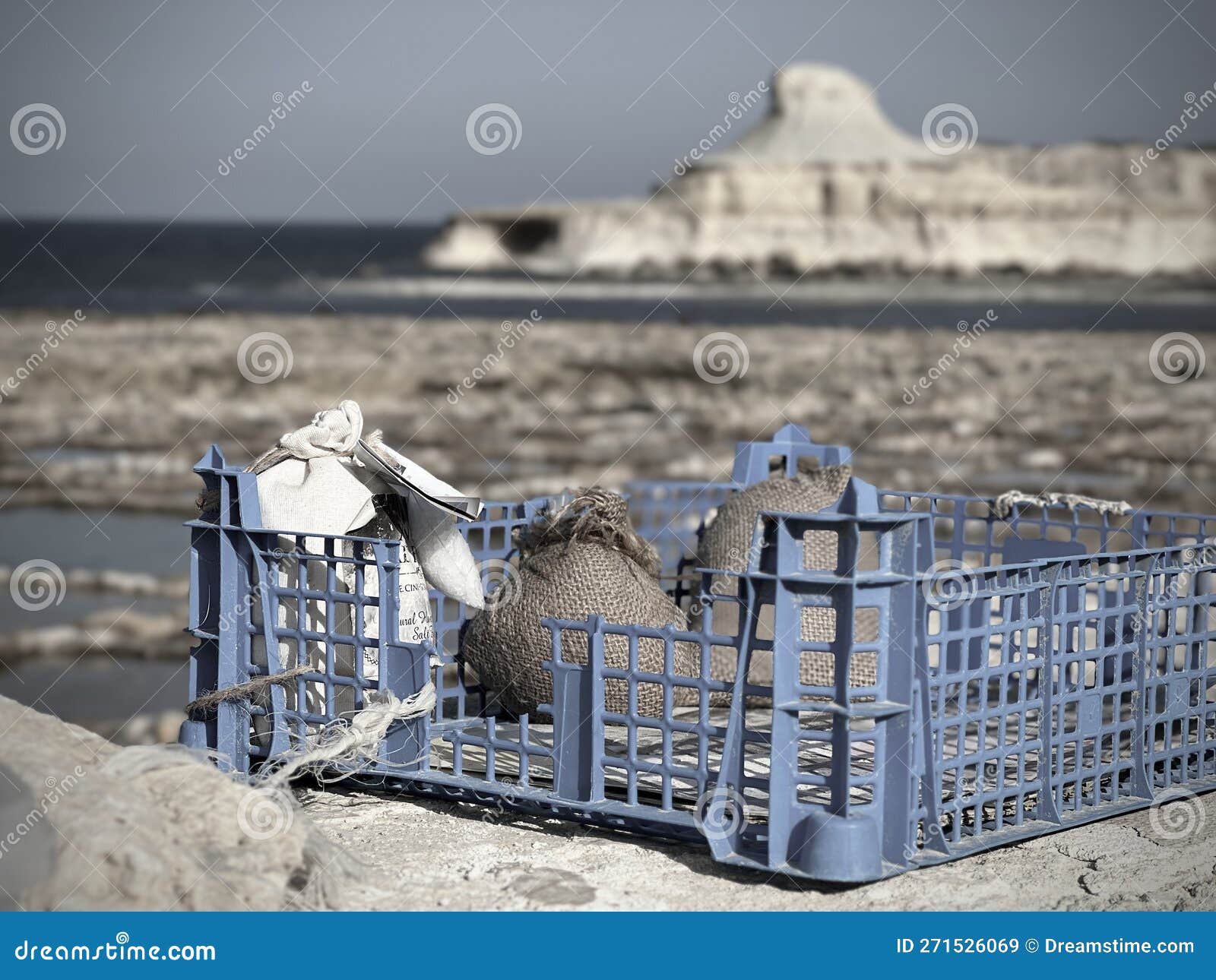 Salt bags and salt pans stock image. Image of bags, shore - 271526069