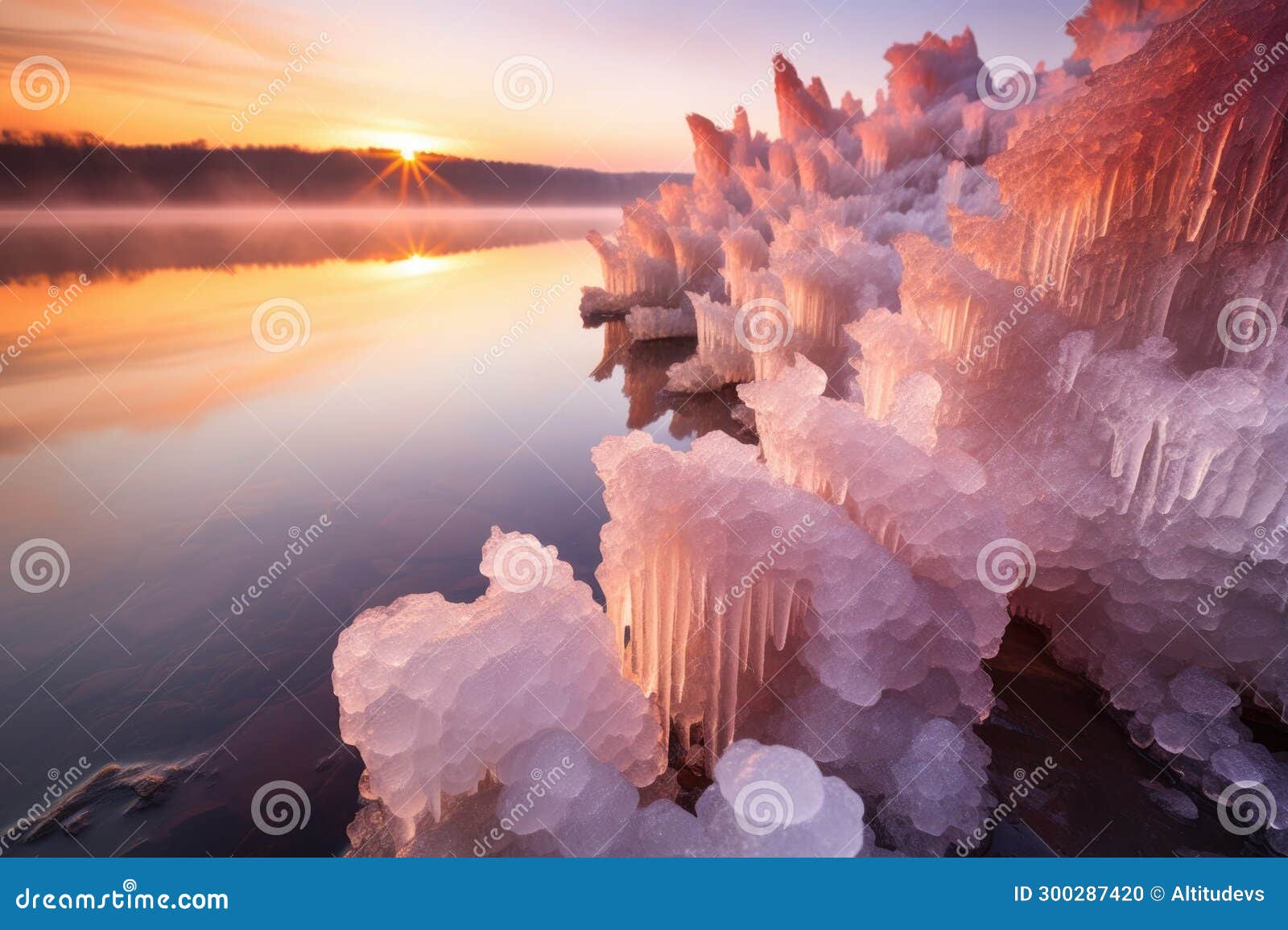 Salt Crystals Forming on the Edge of a Lake, with a Soft Sunrise Light ...