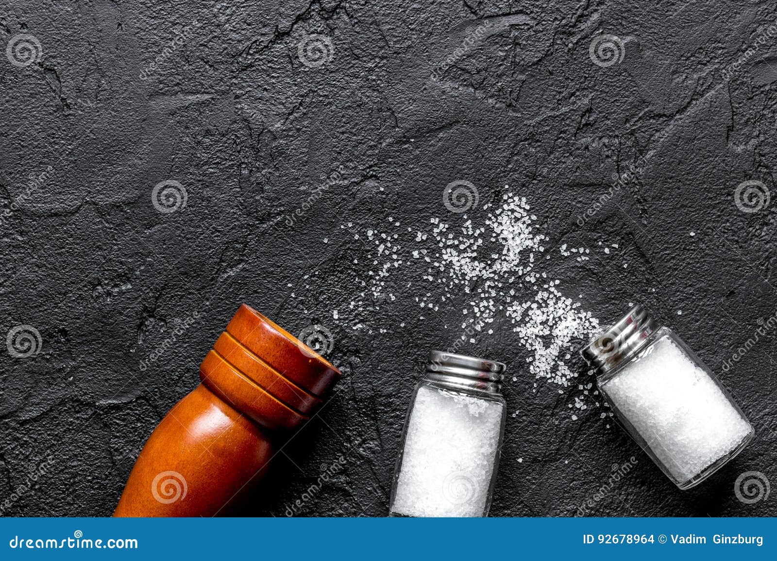 Salt in Glass Bottle Scattered on Dark Table Background Top View Space ...