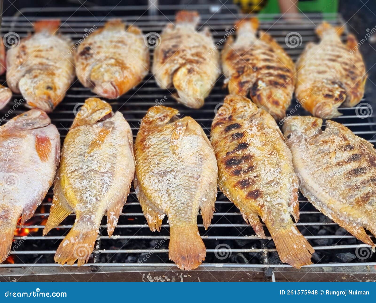 Salt-grilled Fish Being Grilled on a Charcoal Grill Stock Photo - Image ...